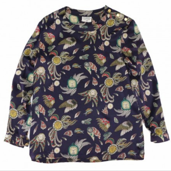 CHANEL | Tops | Chanel Boutique Iris Silk Watch Print Blouse French ...